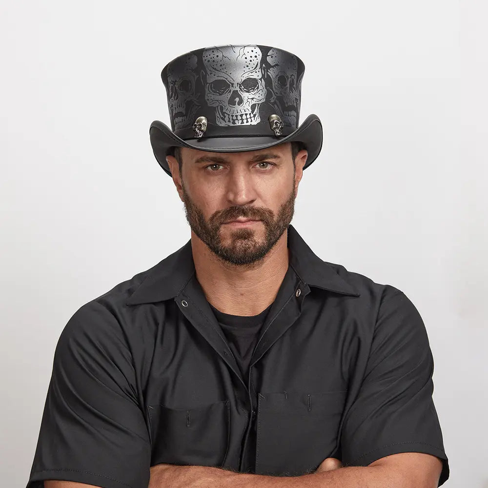 Silver Skull | Mens Leather Top Hat with Skull Hat Band – American Hat ...