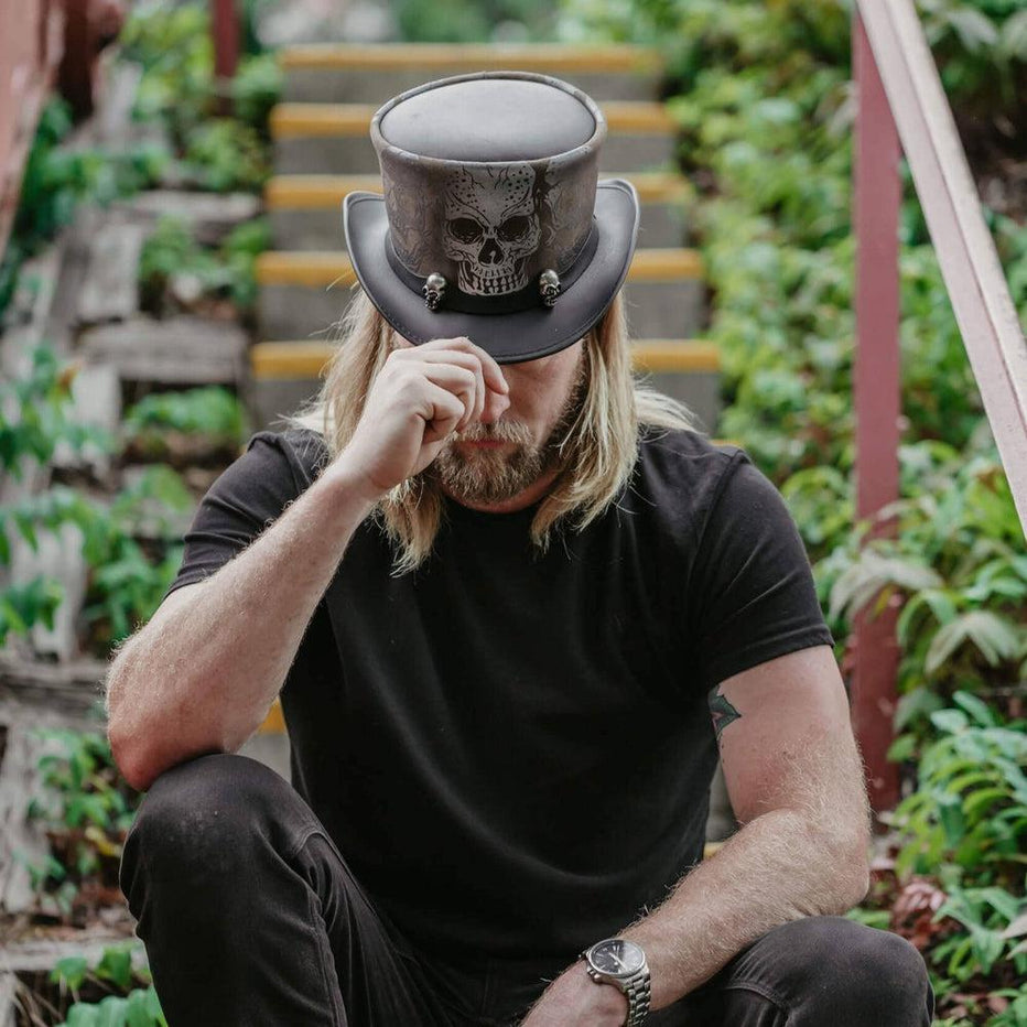 Silver Skull | Mens Leather Top Hat with Skull Hat Band – American Hat ...
