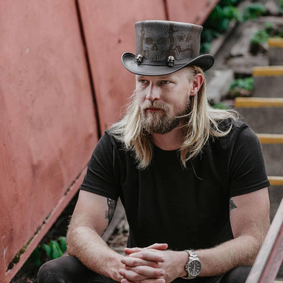 Silver Skull | Mens Leather Top Hat with Skull Hat Band – American Hat ...